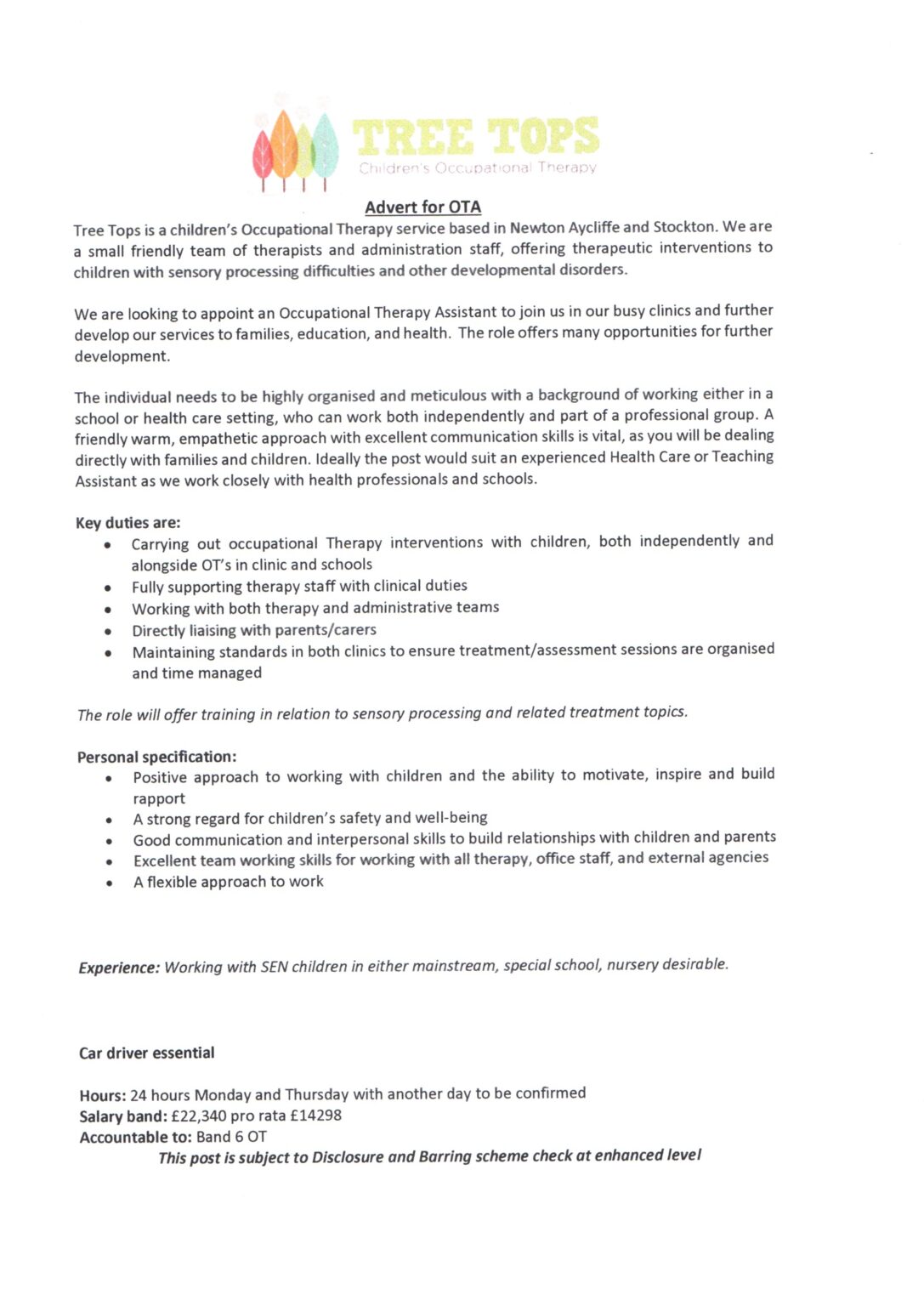 We are hiring - OTA! - Tree Tops Children's Occupational Therapy