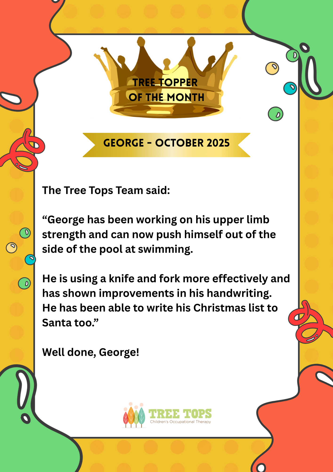 Tree Topper of the Month! - Tree Tops Children's Occupational Therapy