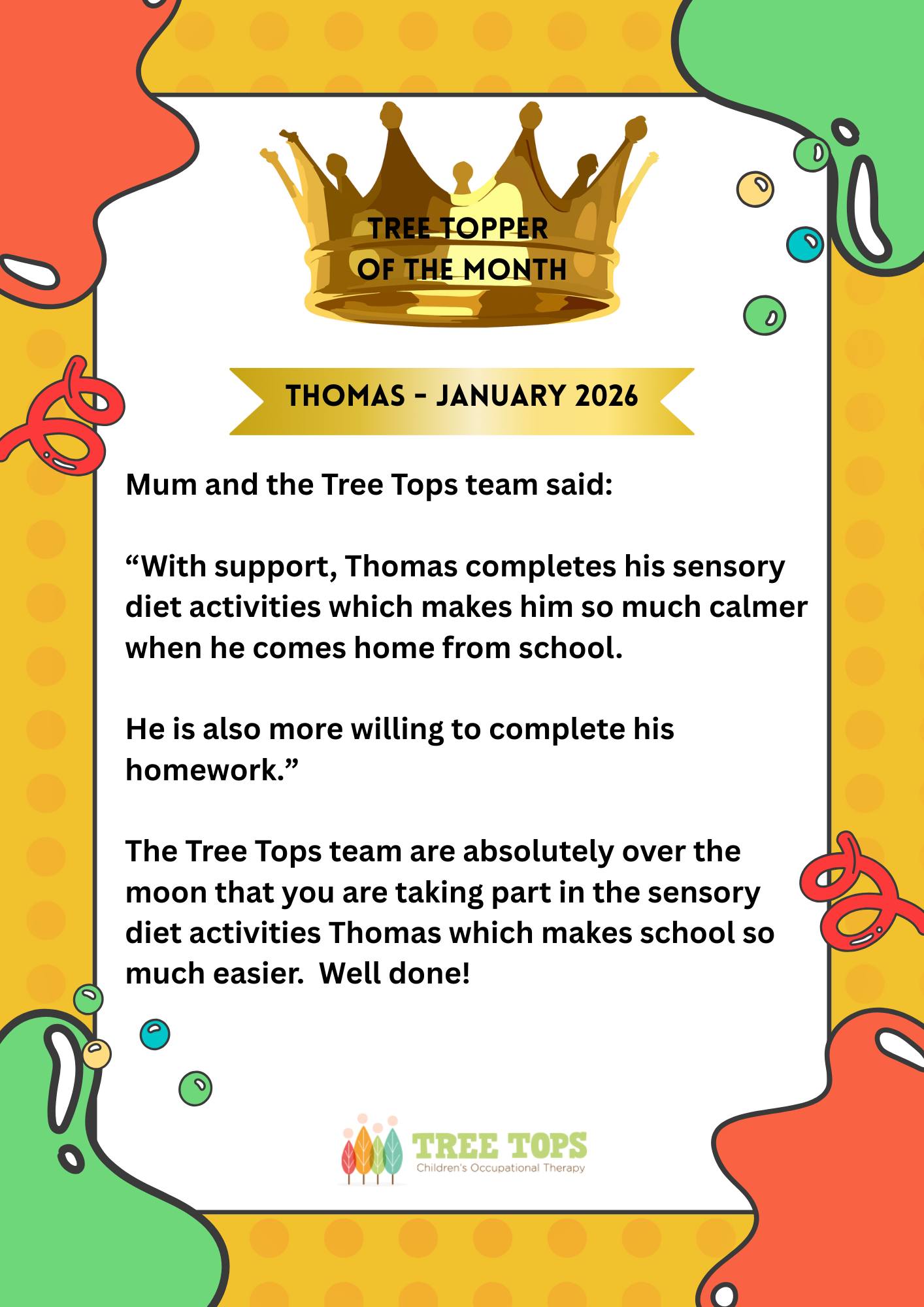 Tree Topper of the Month January - Tree Tops Children's Occupational ...